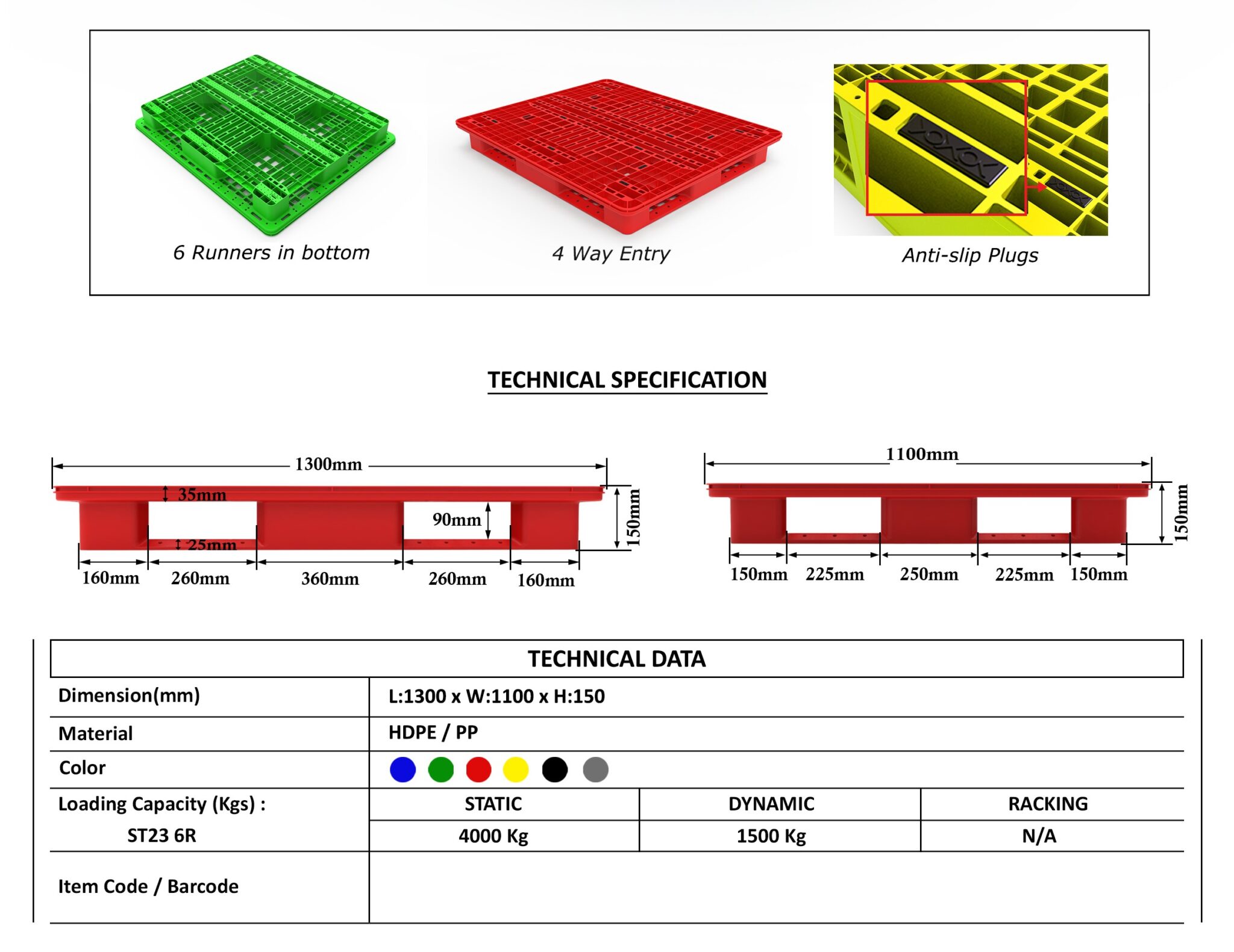 PLASTIC PALLET ST-23 6 RUNNERS (Wings Type) L: 1300 x W: 1100 x H ...